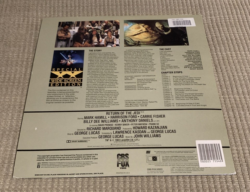 STAR WARS Return Of The Jedi (Laserdisc) 2-Disc Widescreen ORIGINAL ...