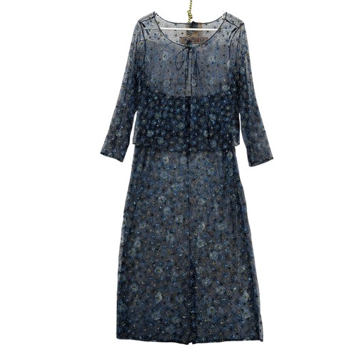 Vintage Harari Two Piece Set Womens Small Blue Sequin Silk Floral Sheer ...