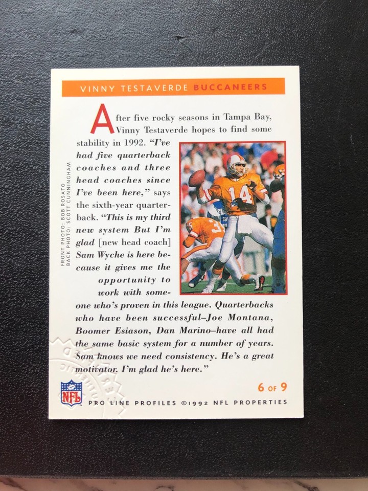 1992 Proline Profiles Autograph Vinny Testaverde Tampa Bay Bucs #6/9 ...