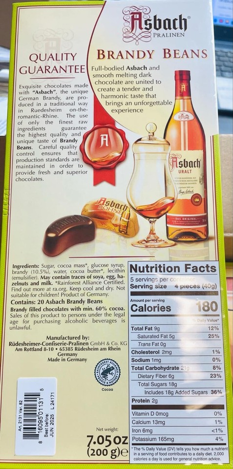 Asbach® Brandy Beans Dark Chocolates filled with German Asbach Brandy ...