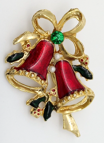 Christmas Bell Brooch Pin Green Rhinestone Faux Pearls Enamel Gold Tone ...