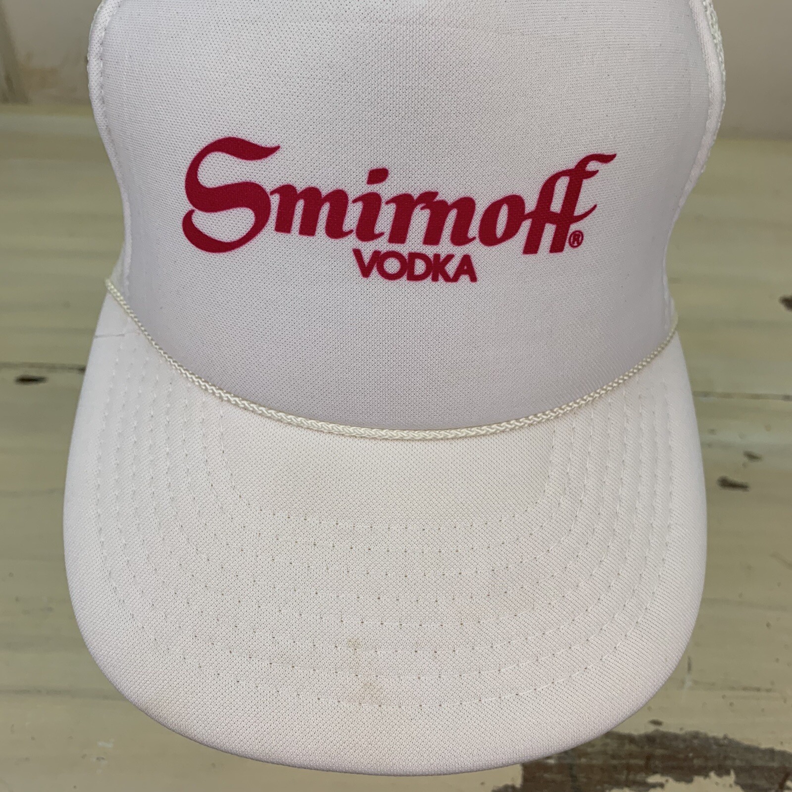 SMIRNOFF VODKA - Vtg 80s White Tall Crown Mesh Snapback Trucker Hat ...