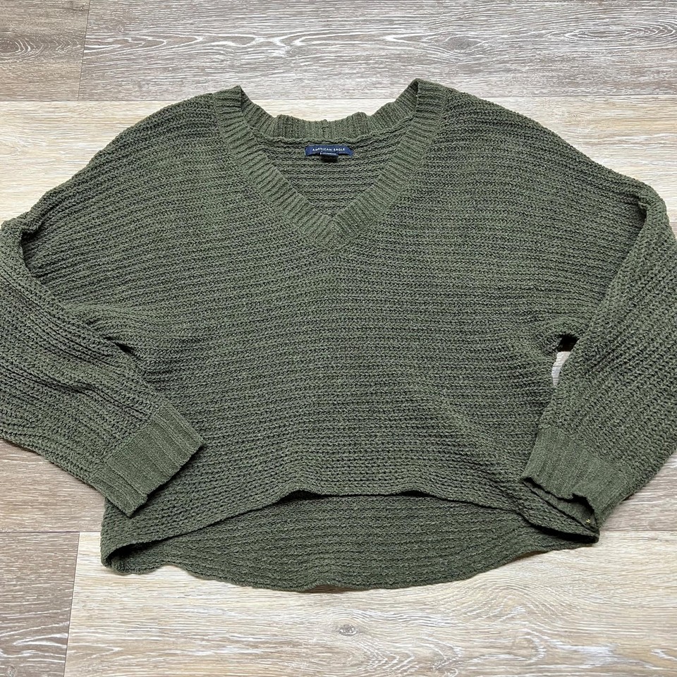 AMERICAN EAGLE V-Neck Long Sleeve Green Pullover Knit Sweater Women's ...