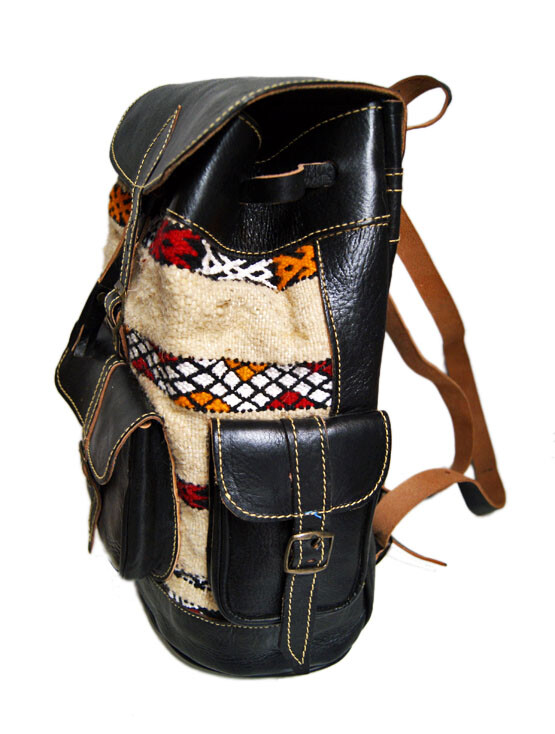 Moroccan Leather Backpack Black Rucksack Boho Kilim Carpet Bohemian ...