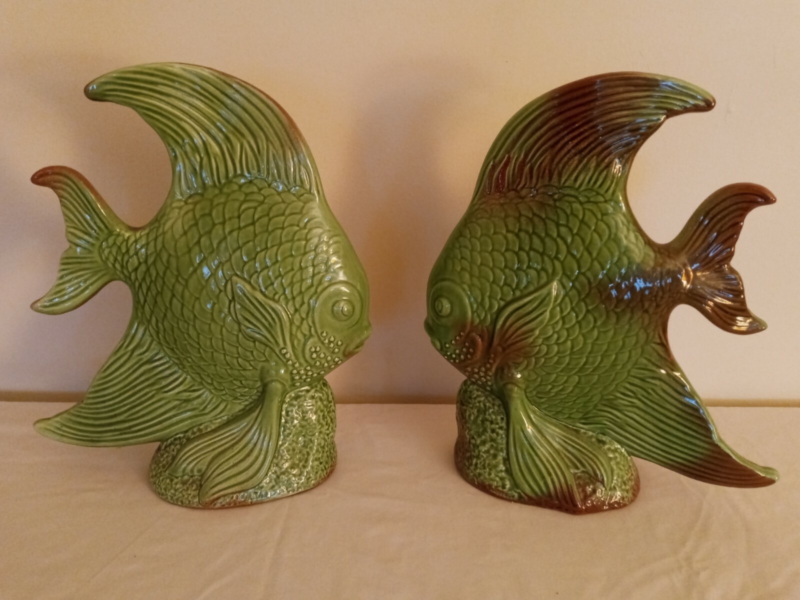 Pair of 13.5" Tall Redware Clay Pottery Angelfish Statue Figures ...