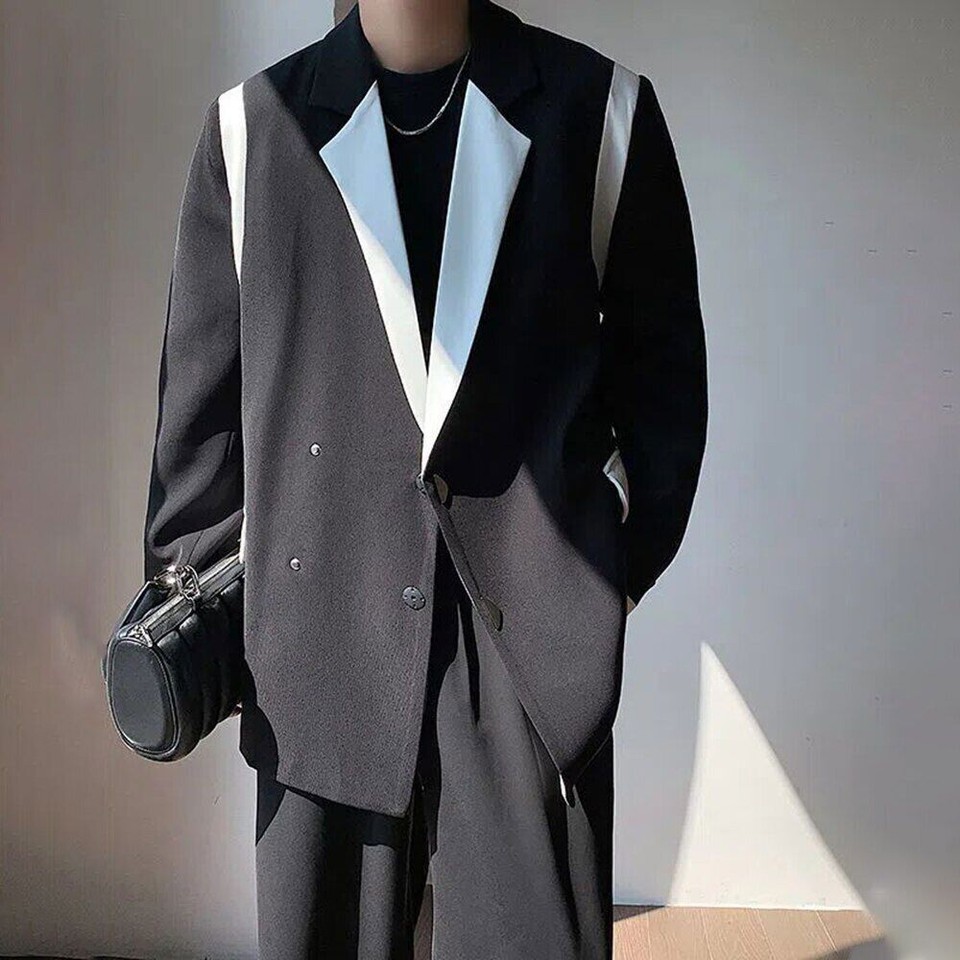 2023 new Men's suit patchwork lapel long sleeved striped button loose ...