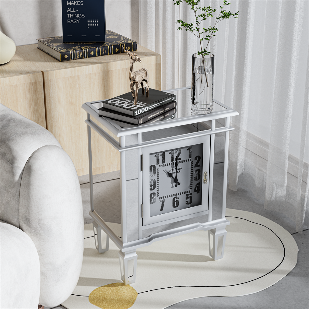Luxury Silver Side Table Clock Mirrored Coffee Table Glass Top Living ...
