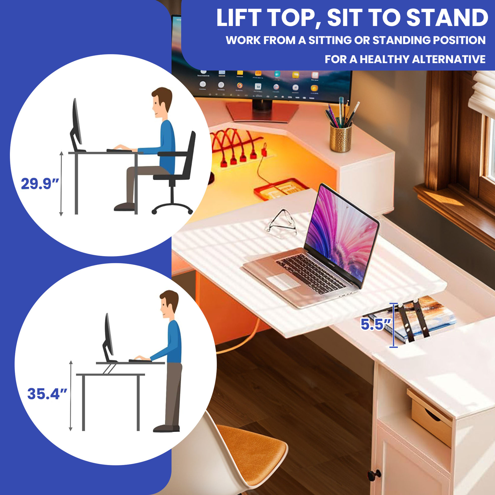 L Shaped Office Computer Desk Lift Top Drawers Shelves Power Hub w/ LED ...