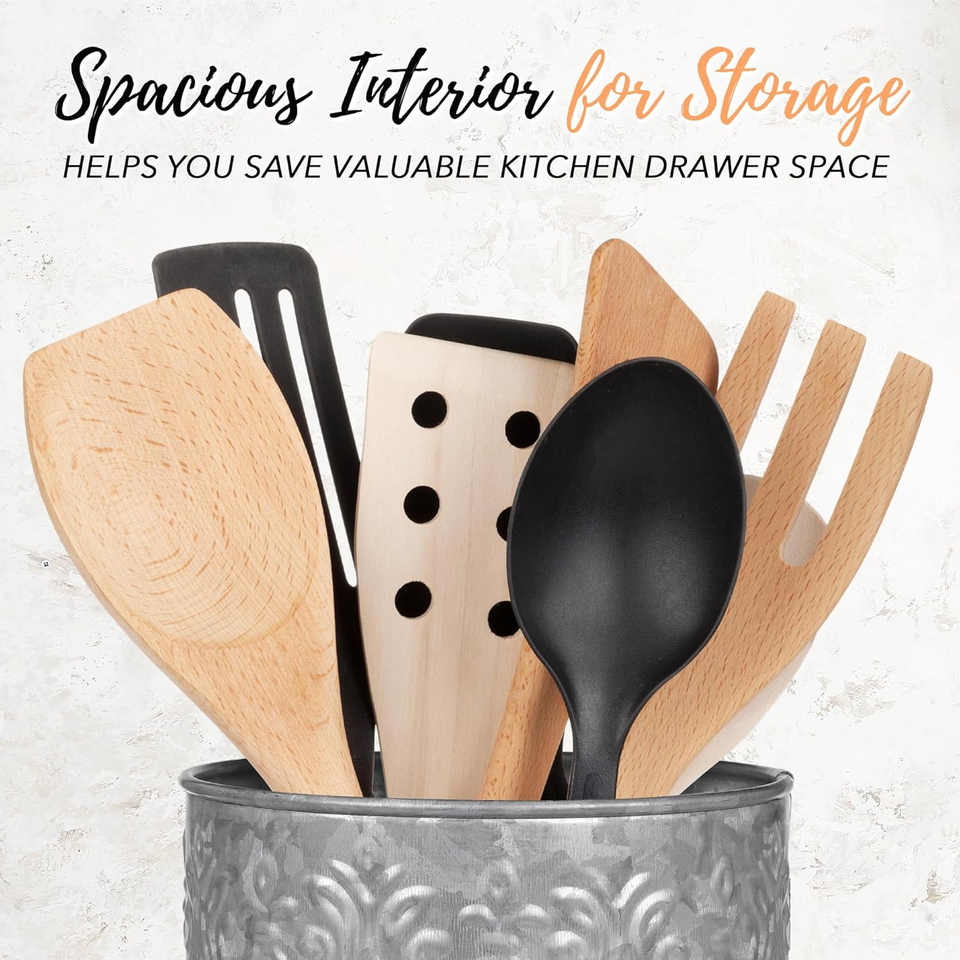 Rustic Galvanized Steel Kitchen Utensil Holder with Copper Label - 7.5 ...