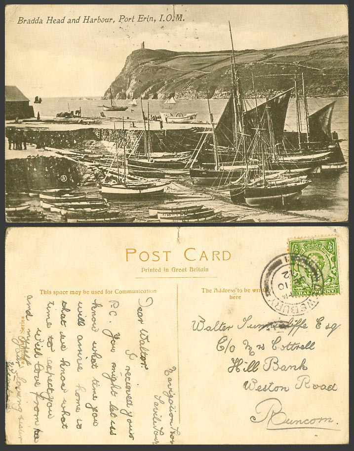Isle of Man KG5 1/2d Perfin 1912 Old Postcard Port Erin Harbour Bradda ...