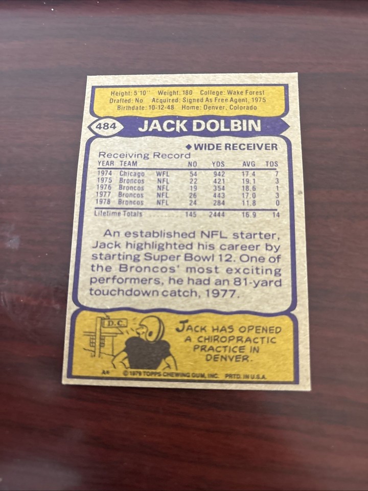 1979 Topps - Jack Dolbin #484 Denver Broncos Wake Forest Demon Deacons ...