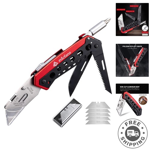 Folding Utility Knife Box Cutter with 5 Razor Blades, Screwdriver, Saw ...