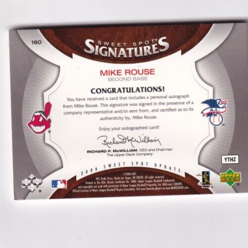 2006 MIKE ROUSE UPPER DECK SWEET SPOT SIGS AUTO 063/100 OAKLAND A,S ...