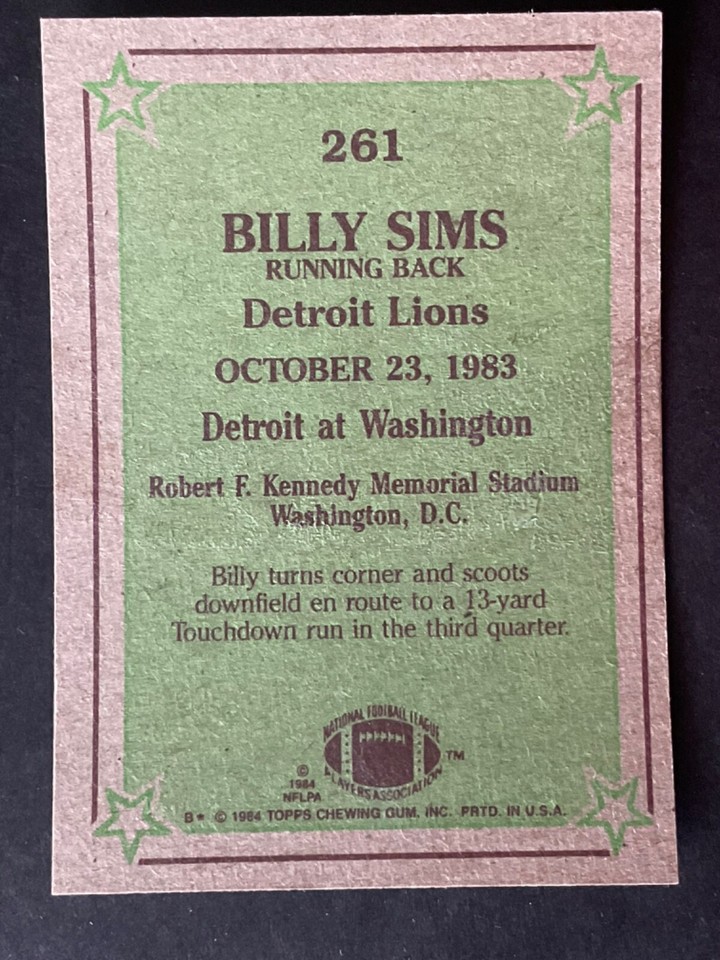 Billy Sims 1984 Topps Instant Replay Football Card #226 - Detroit Lions ...