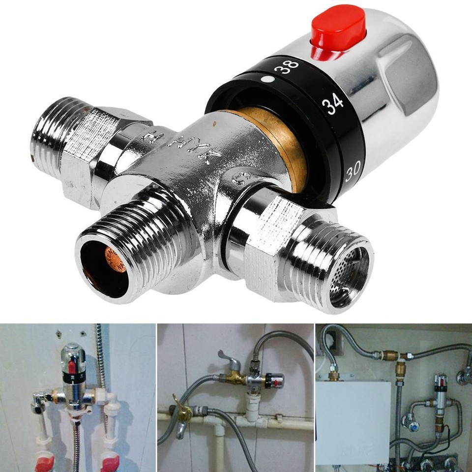 Thermostatic Mixing Valve 15mm 3-Way TMV Shower Hot Cold Water Blending ...