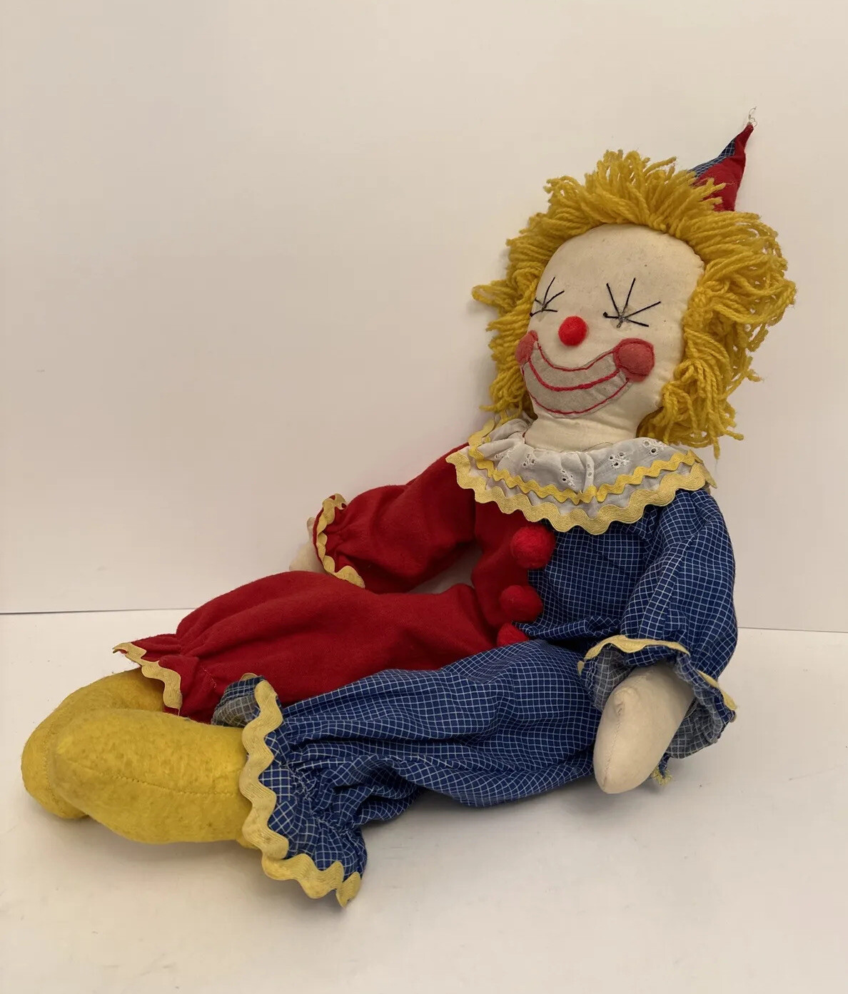 Vintage Rare Folk Art Handmade Cloth Clown Doll Red Poms Raggedy Andy ...