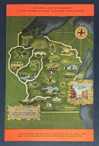 Postcard Wisconsin Historical Map Milwaukee Public Library Inset Photo ...