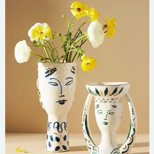 Anthropologie Audrey Face Vases set of two gold blue white pair 10”, 8.5” | eBay