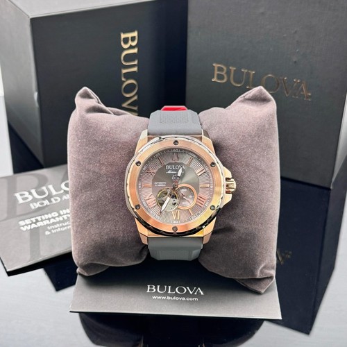 Bulova Marine Star 98A228 Rose Gold Dial Gray Silicone Automatic Men's ...