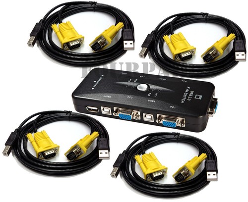 USB 2.0 4 Port Monitor VGA SVGA KVM Switch Box + 4 Cables for PC ...