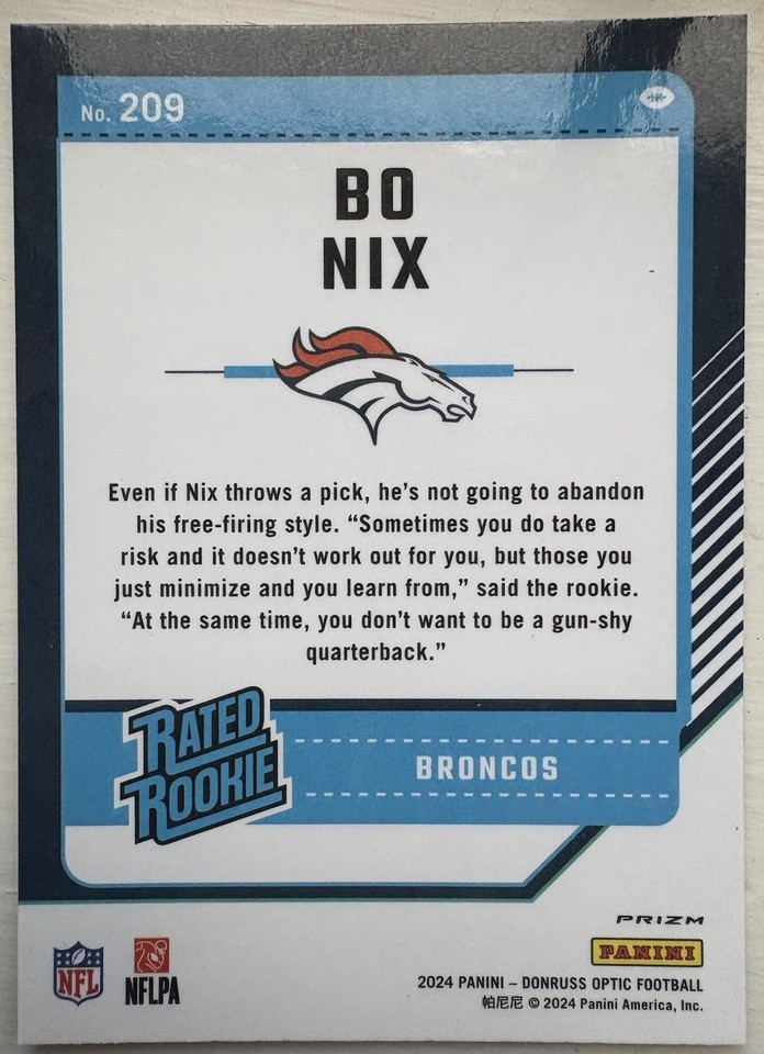 2024 Donruss Optic Bo Nix Holo Rated Rookie #209 Broncos | eBay