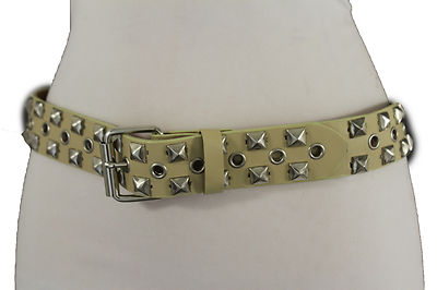 Women Men Beige Punk Rocker Fashion Belt Silver Studs Holes Basic Style ...