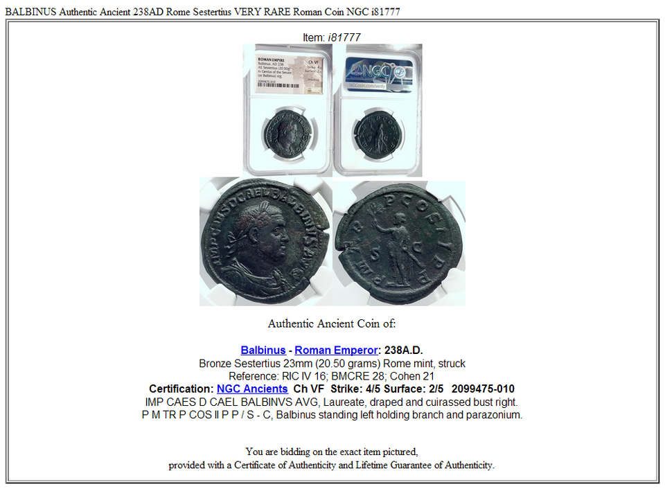 BALBINUS Authentic Ancient 238AD Rome Sestertius VERY RARE Roman Coin ...