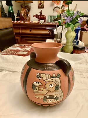 Clay folk art Aztec Mayan Mexican vase hand painted vintage | eBay