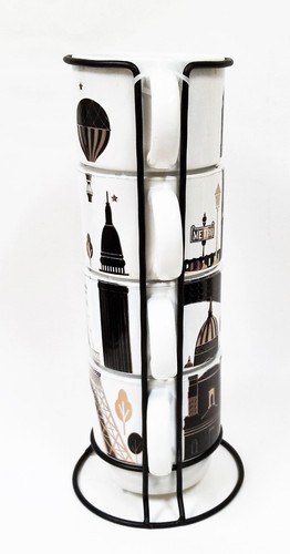 STACKABLE WHITE,BLACK,GOLD PARIS CERAMIC 4 COFFEE MUG,TEA CUP+BLACK ...