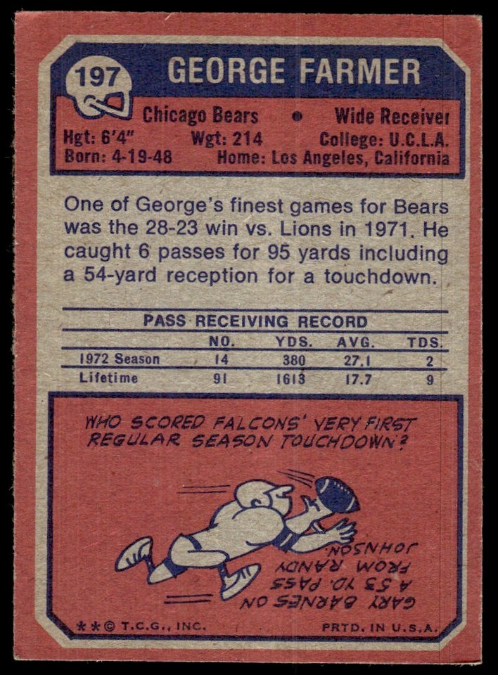 1973 TOPPS GEORGE FARMER CHICAGO BEARS #197 | eBay