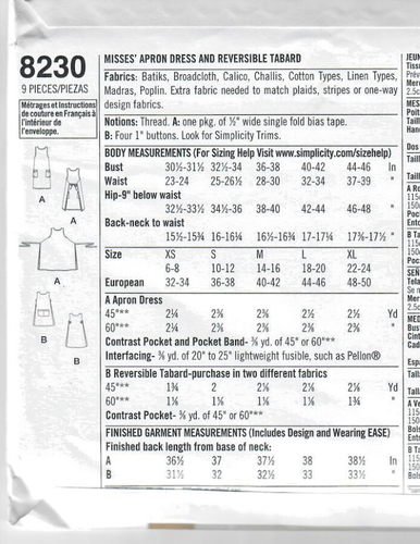 Simplicity 8230 Misses Dottie Angel Apron Dress Tabard Frock Sewing ...
