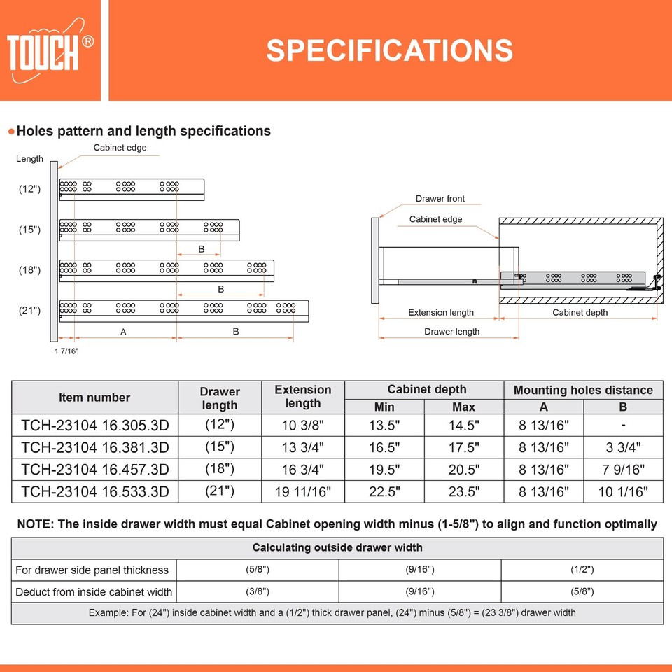 Undermount Drawer Slides Soft Close 12 15 18 & 21 inch For 1/2-5/8 ...