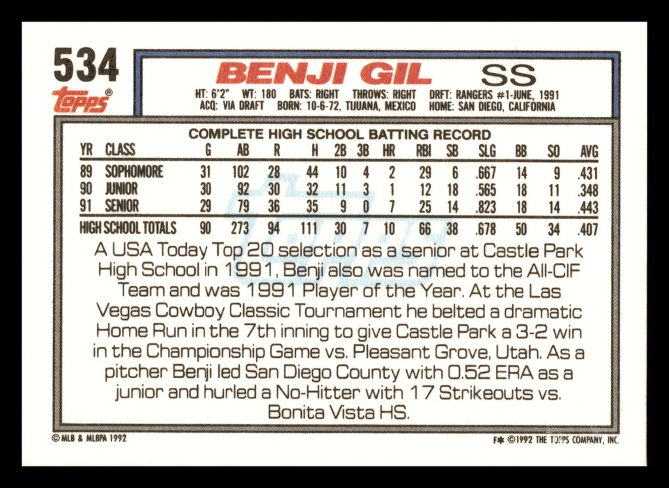 1992 Topps Benji Gil RC Rookie Draft Pick #534 Baseball Mint | eBay