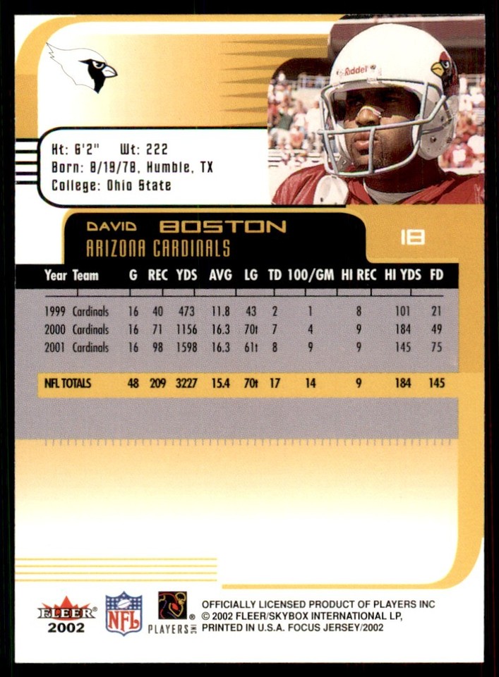 2002 Fleer Focus Jersey Edition David Boston Arizona Cardinals #18 NFL ...