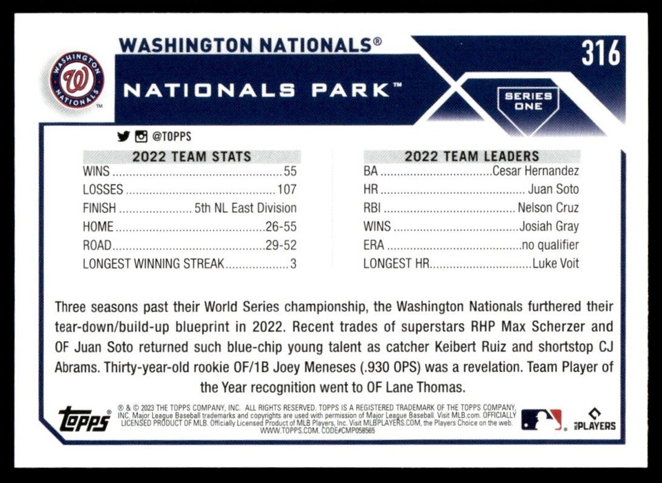 2023 Topps WASHINGTON NATIONALS TEAM CARD #316 Nationals Park | eBay