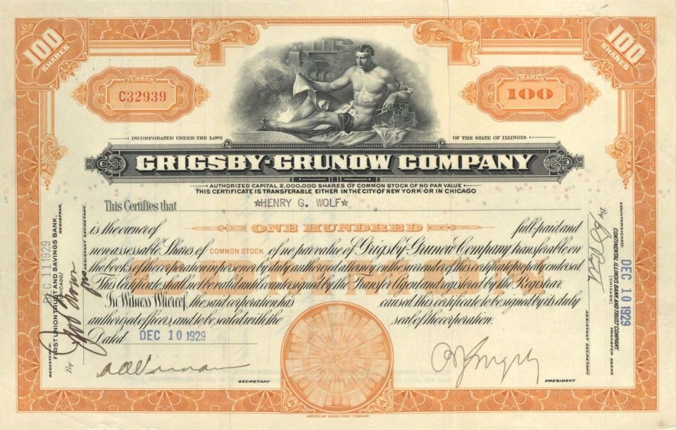 Grigsby-Grunow Co. - 1929-1932 dated Stock Certificate - General Stocks ...