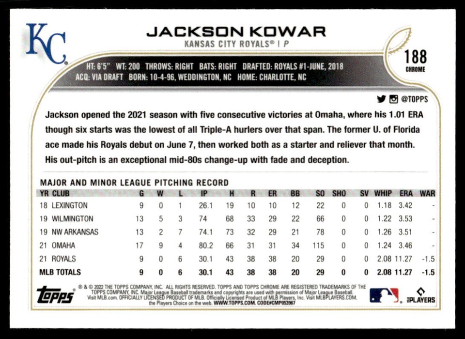 2022 Topps Chrome 188 Jackson Kowar Kansas City Royals Rookie Card RC ...