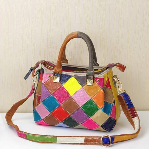 Multi-Color Genuine Leather Patchwork Women Satchel Handbag Tote ...