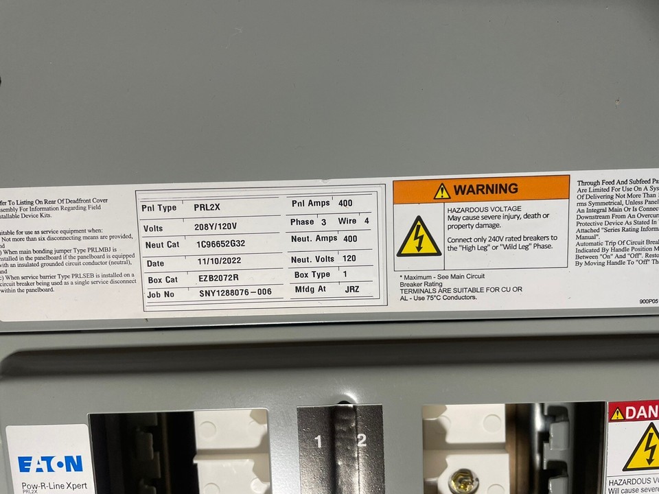 1-EATON PRL2X 400A 84 SPACE TOP FED MLO 120/208V PANELBOARD NEW ...