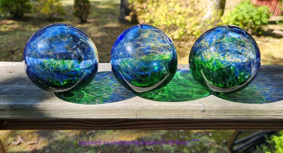 Set 3 HEAVY Handblown GLASS Gazing Orb 4" WITCH BALL FLOATS Blue Green ...