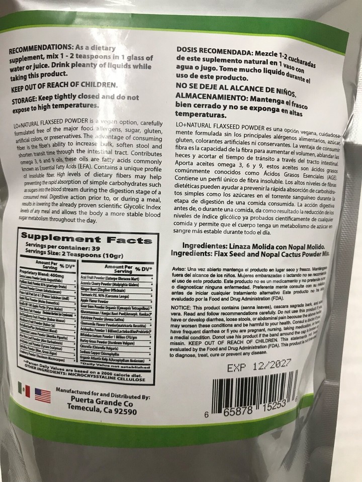 LO+ NATURAL Dietary Supplement Fibra de Linaza con Nopal Forte Powder ...
