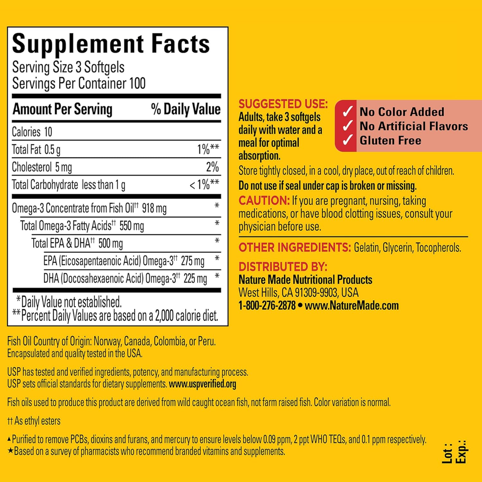 Nature Made Omega 3 Fish Oil Pearls 550 Mg, Small Size Fish Oil, 300 ...