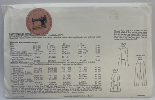 Kwik Sew Pattern 2240 SIZE 6-12 Misses Pants & Vests Uncut Factory Fold ...