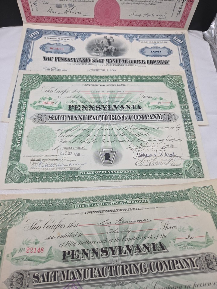 The Pennsylvania Salt Manufacturing Company 4 Stocks Certificates USA ...