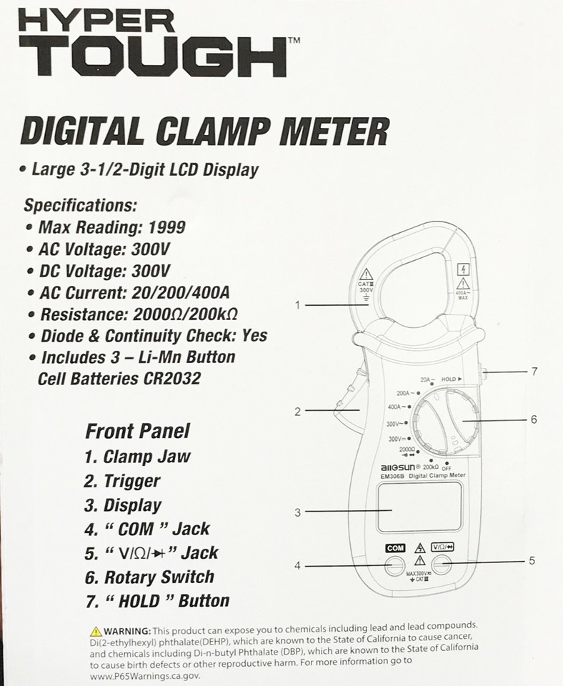 Hyper Tough DIGITAL CLAMP METER AC DC 300V LCD Display Diode ...