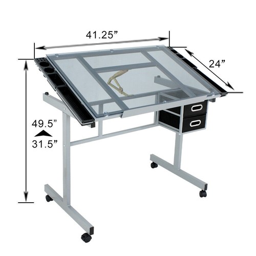 Adjustable Drawing Drafting Table with Tempered Glass Art Work Station ...