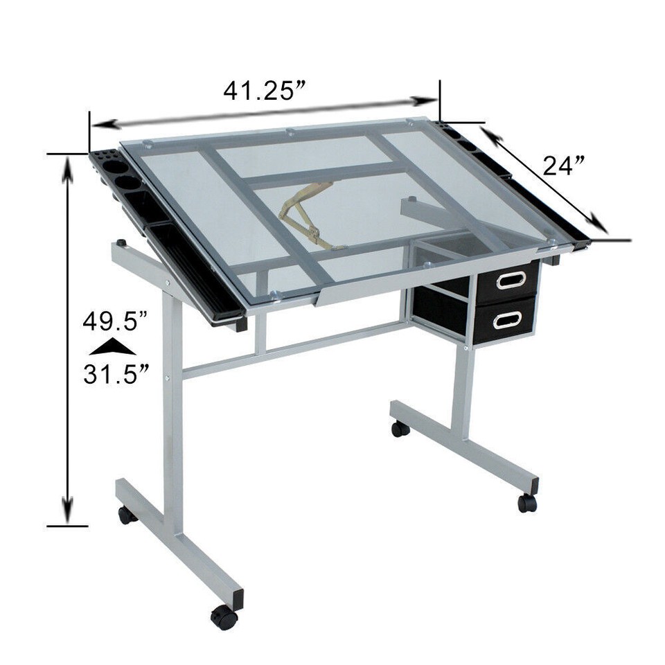 Adjustable Drawing Drafting Table Tempered Glass Art Craft Work Table w ...