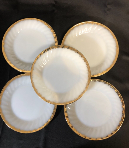 Set of (5) Fire King White Swirl Shell Gold Rim 7-1/2" Salad/Dessert ...