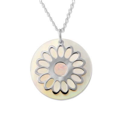Sterling Silver Open Daisy with Flat Round MOP Disc Necklace | eBay