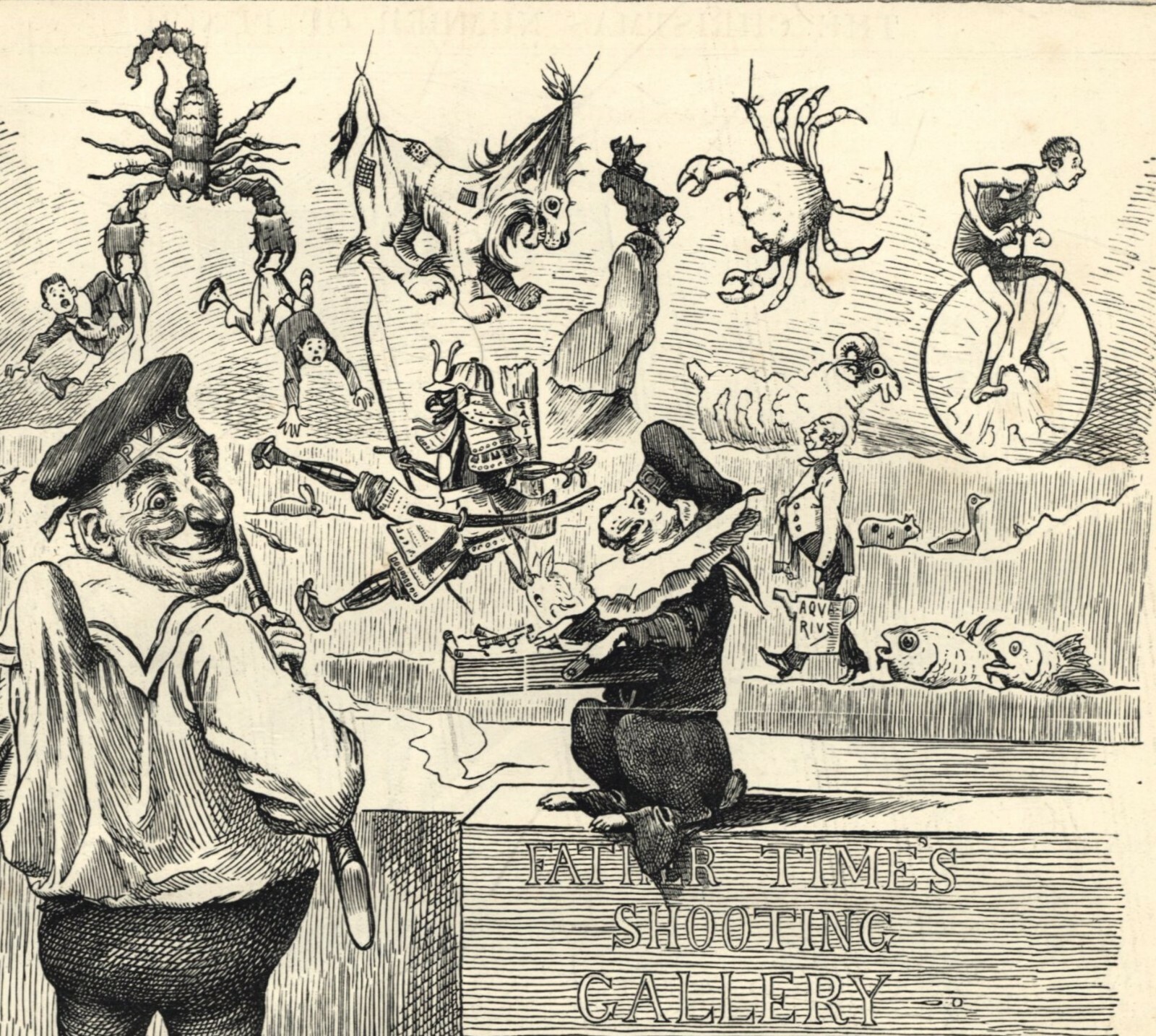 Vintage BRITISH PUNCH ALMANAC 1892 CALENDAR PAGE Father Time's Shooting ...